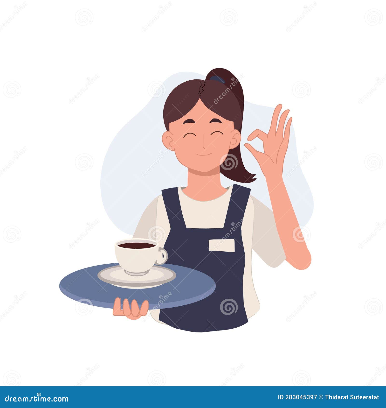 Waitress Carrying a Tray with Coffee is Doing Okay Hand Sign. Vector ...