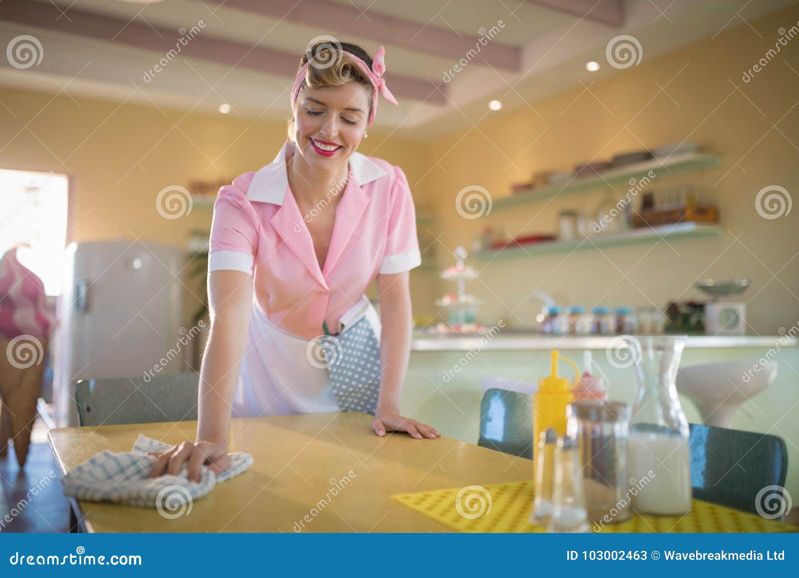 Waitress Cleaning the Table in Restaurant Stock Image - Image of ...