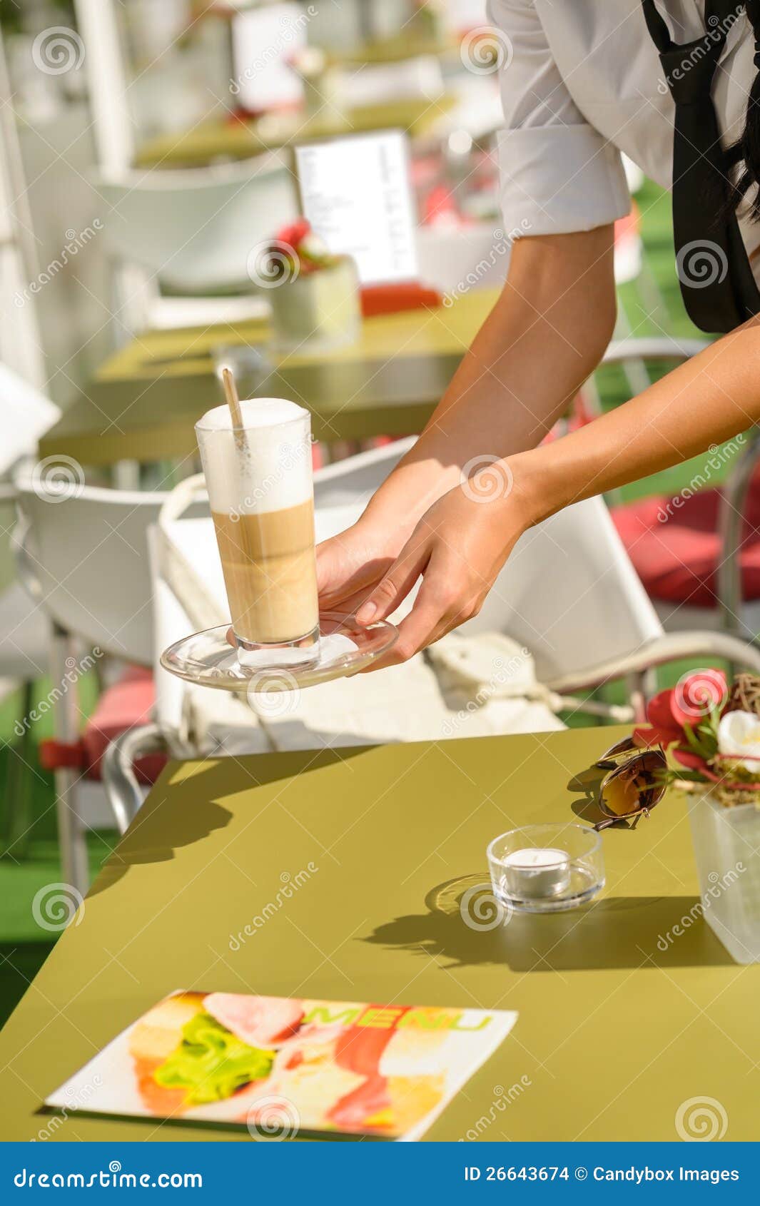 Waitress Hands Close Up Serving Latte Cafe Stock Photo - Image of ...