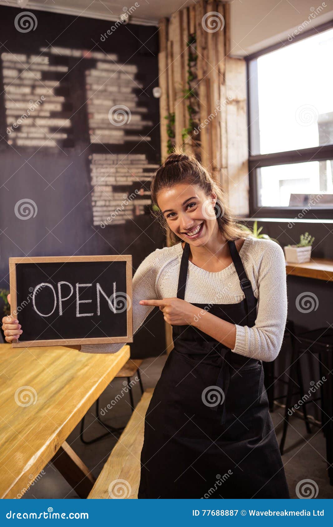 Waitress Holding a Sign with Open Stock Image - Image of expertise ...