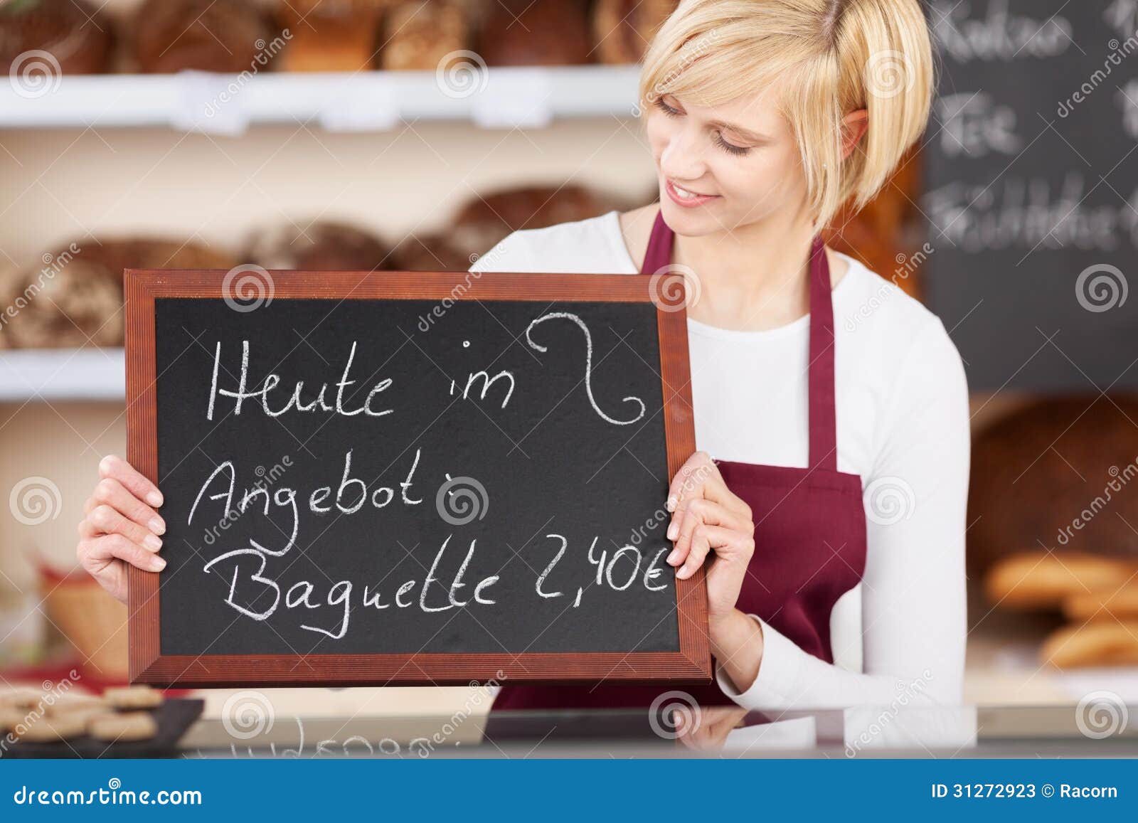 Waitress Holding Slate with Offer Written on it at Bakery Stock Image ...
