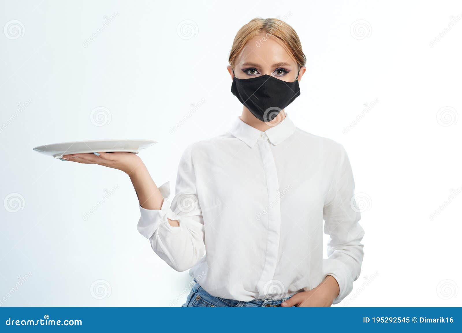 Waitress in Mask with Plate Stock Image - Image of pretty, covid19 ...