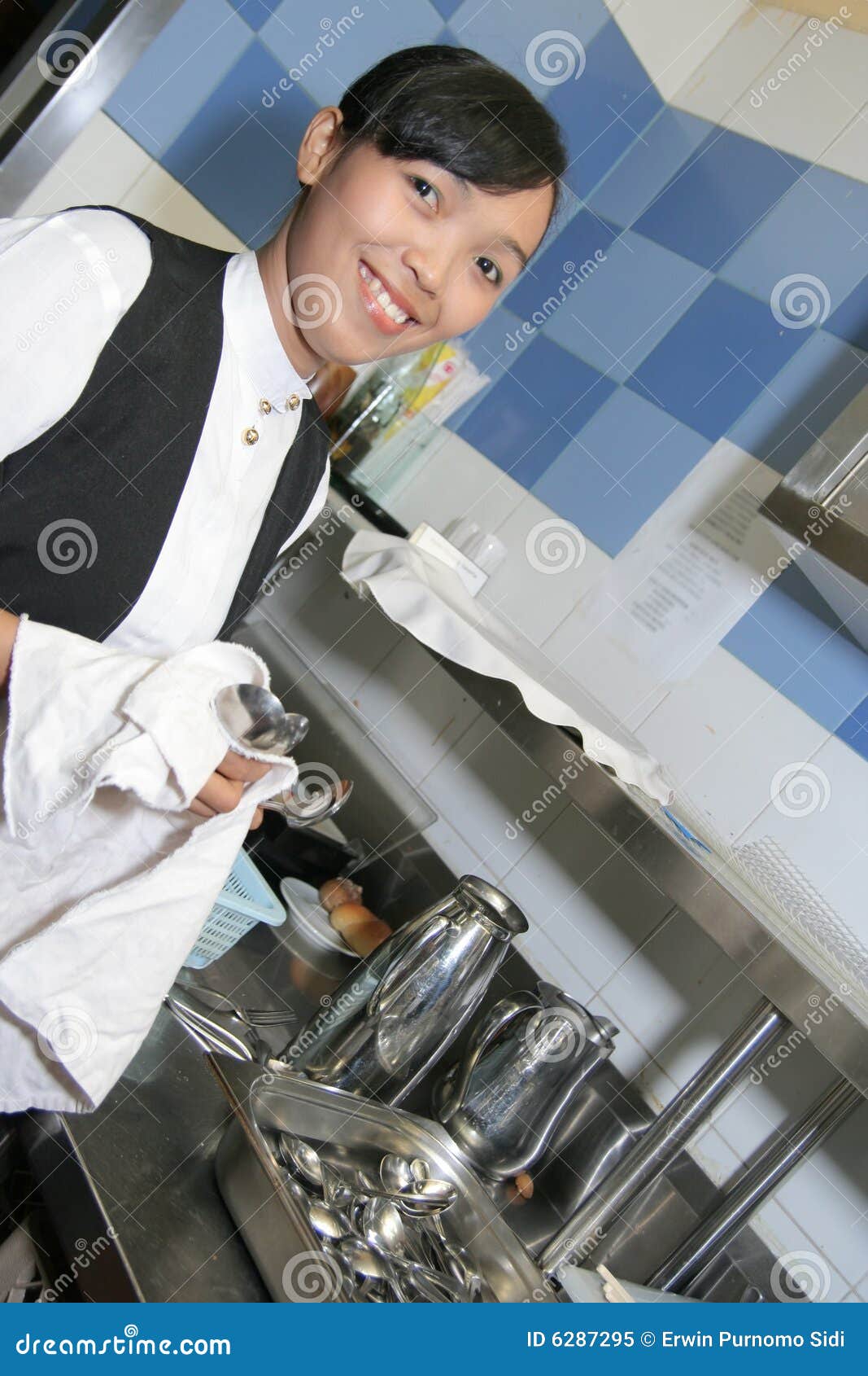 Waitress Polishing Cutleries Stock Image - Image of work, restaurant ...