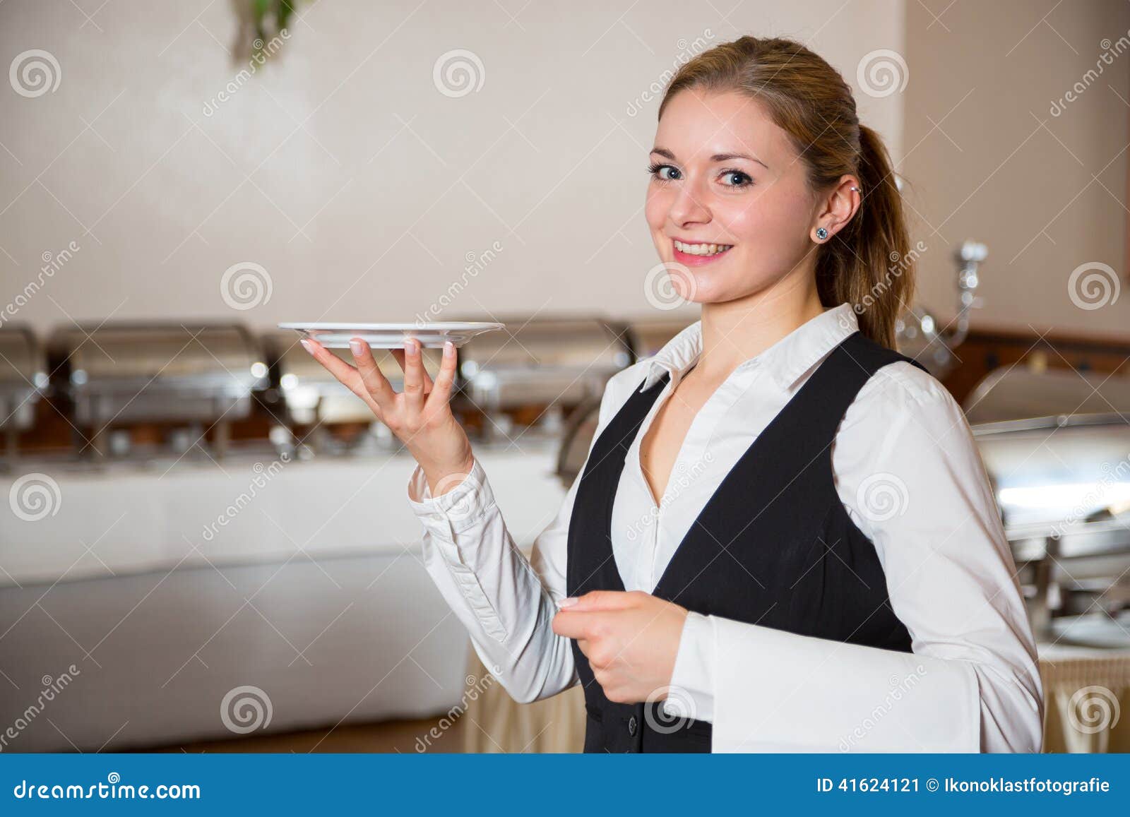 Waitress Posing with Plate in Restaurant Stock Image - Image of ...