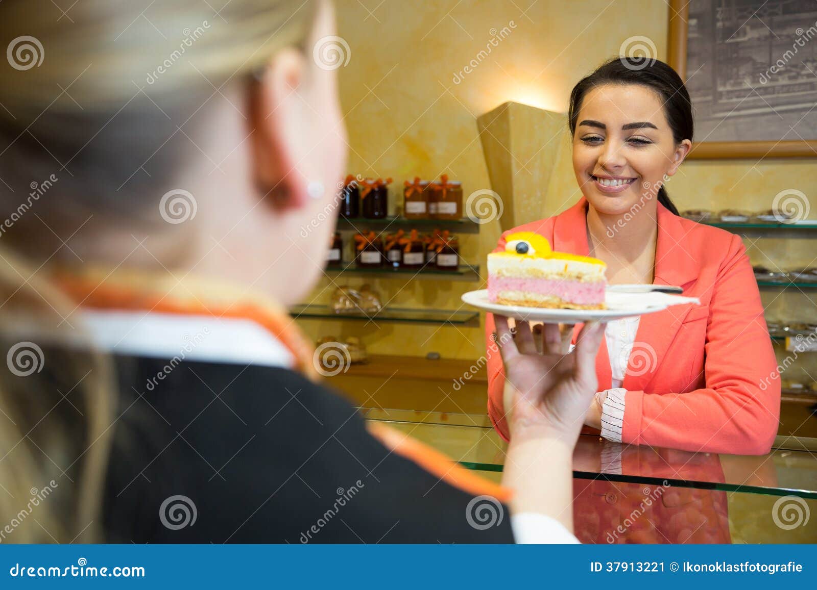 Waitress Serving Cake To Customer in Cafï¿½ Stock Image - Image of ...