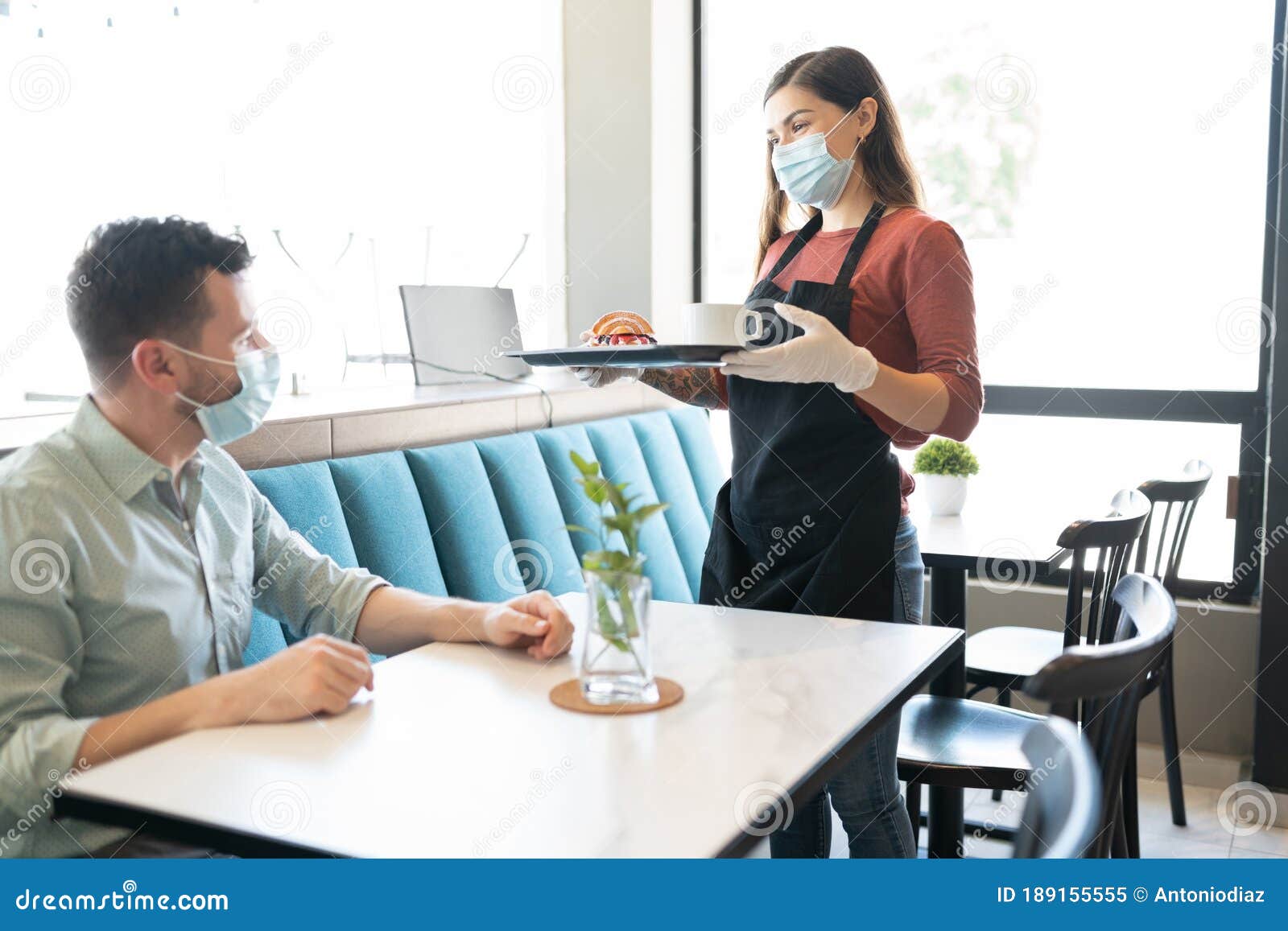 Waitress Serving Order To Customer in Cafe Stock Image - Image of ...