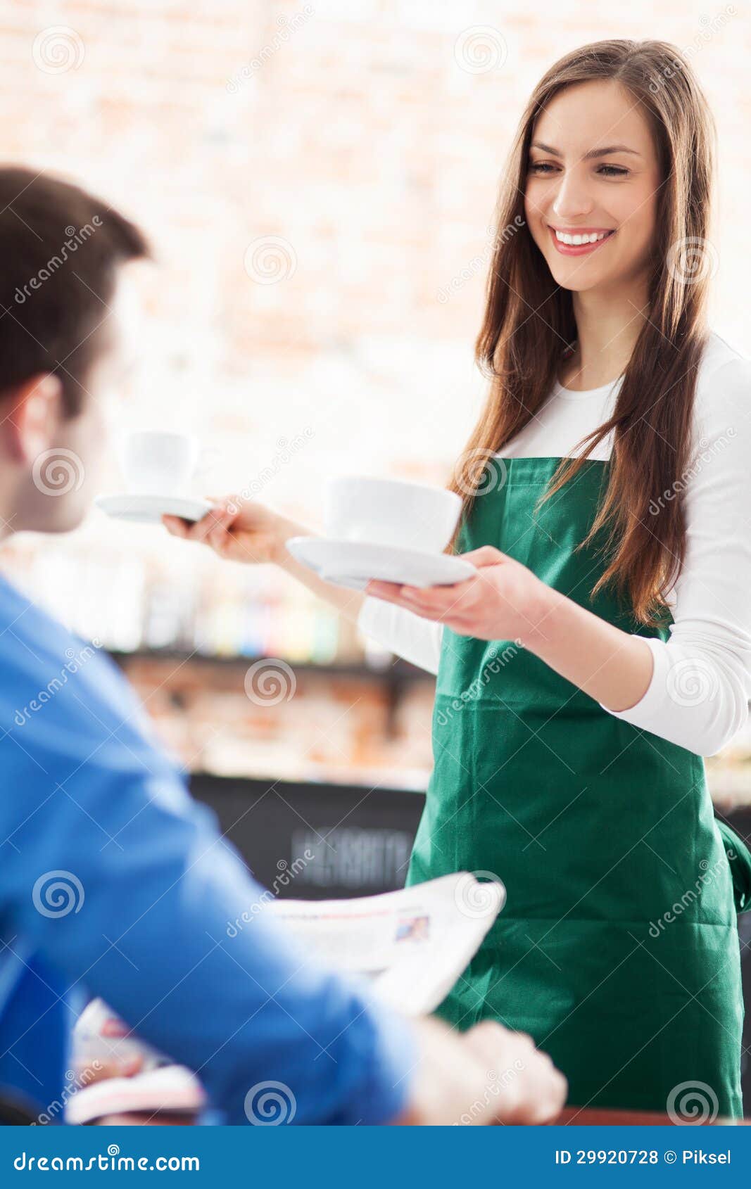 Waitress Serving Man at Cafe Stock Photo - Image of casual, holding ...