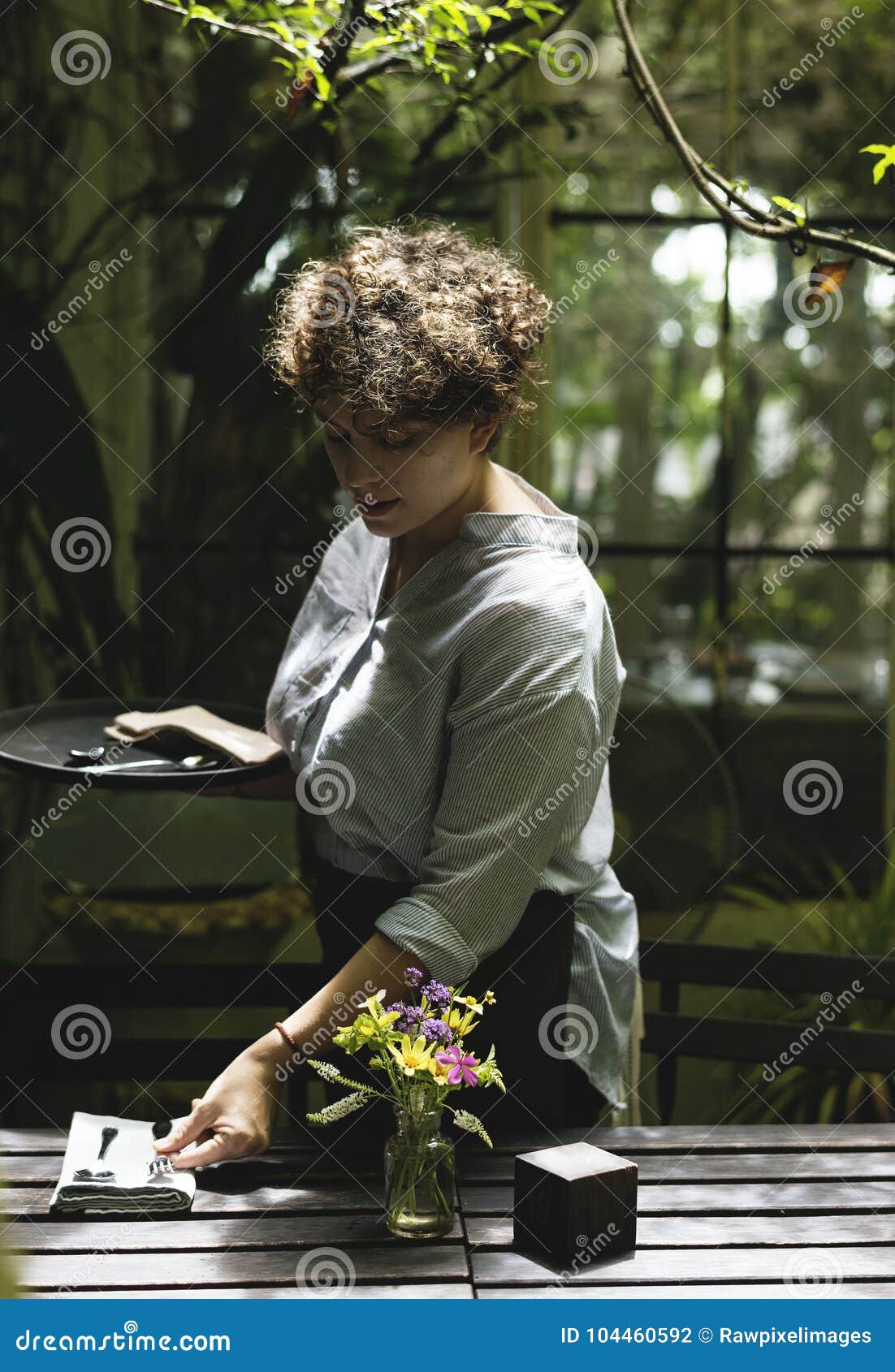 Waitress is Setting Up the Restaurant Table Stock Photo - Image of meal ...