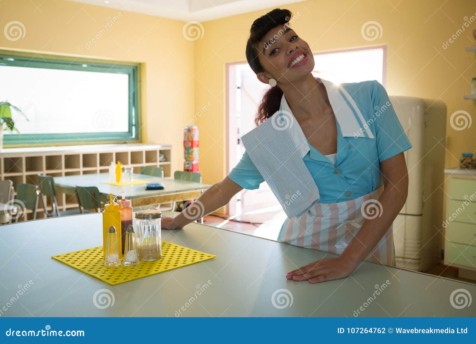 Waitress Standing at Counter Stock Photo - Image of length, indoors ...