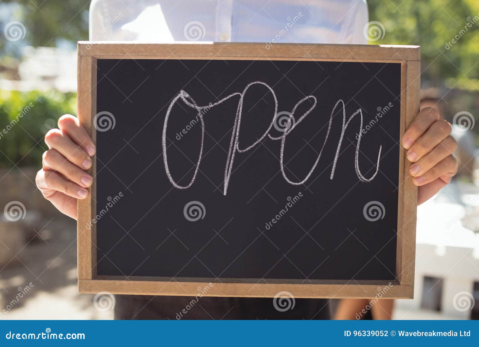 Waitress Standing with Open Sign Board Stock Photo - Image of signboard ...