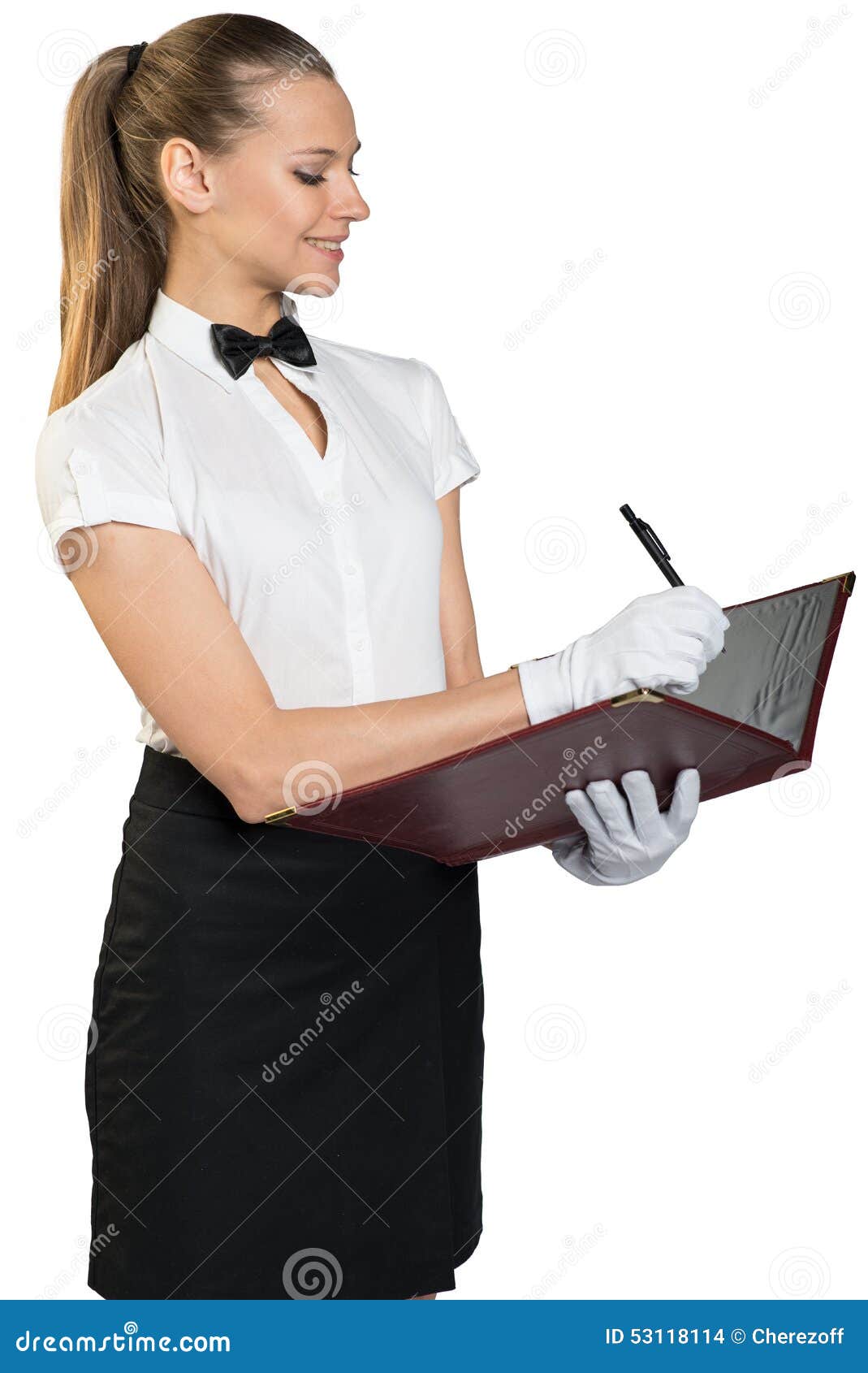 Waitress Standing Profile, with Teeth Smile Stock Photo - Image of ...