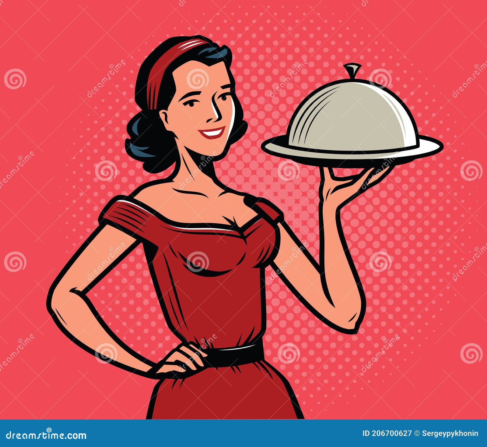 Beautiful Girl Waitress With A Tray Food Concept In Retro Pop Art