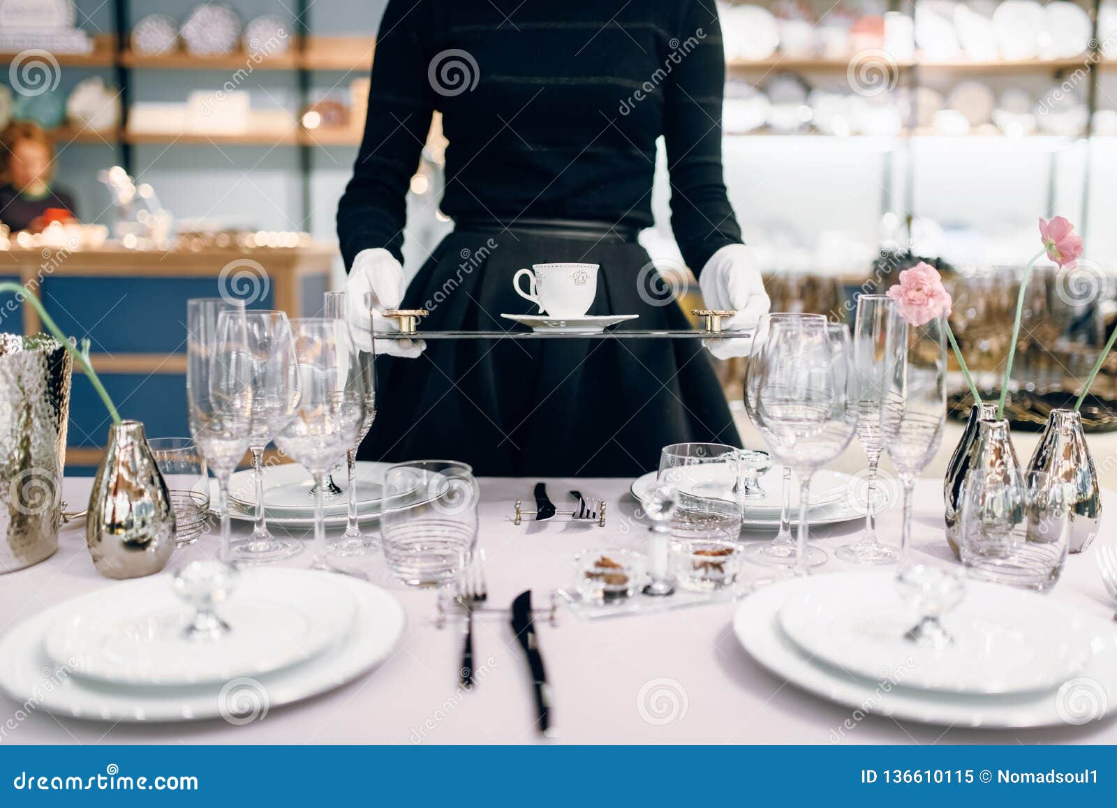 Waitress with Tray Puts the Dishes, Table Setting Stock Image - Image ...