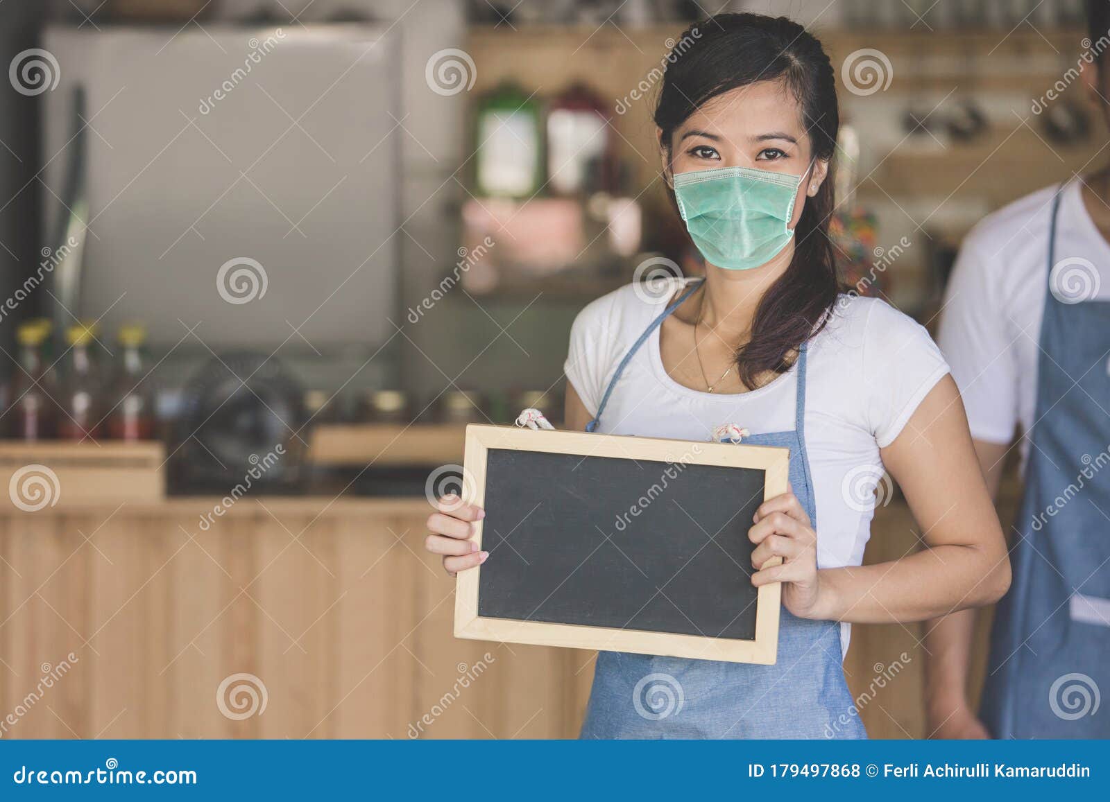 Waitress Hold Blank Board Wear Face Masks Stock Photo - Image of ...