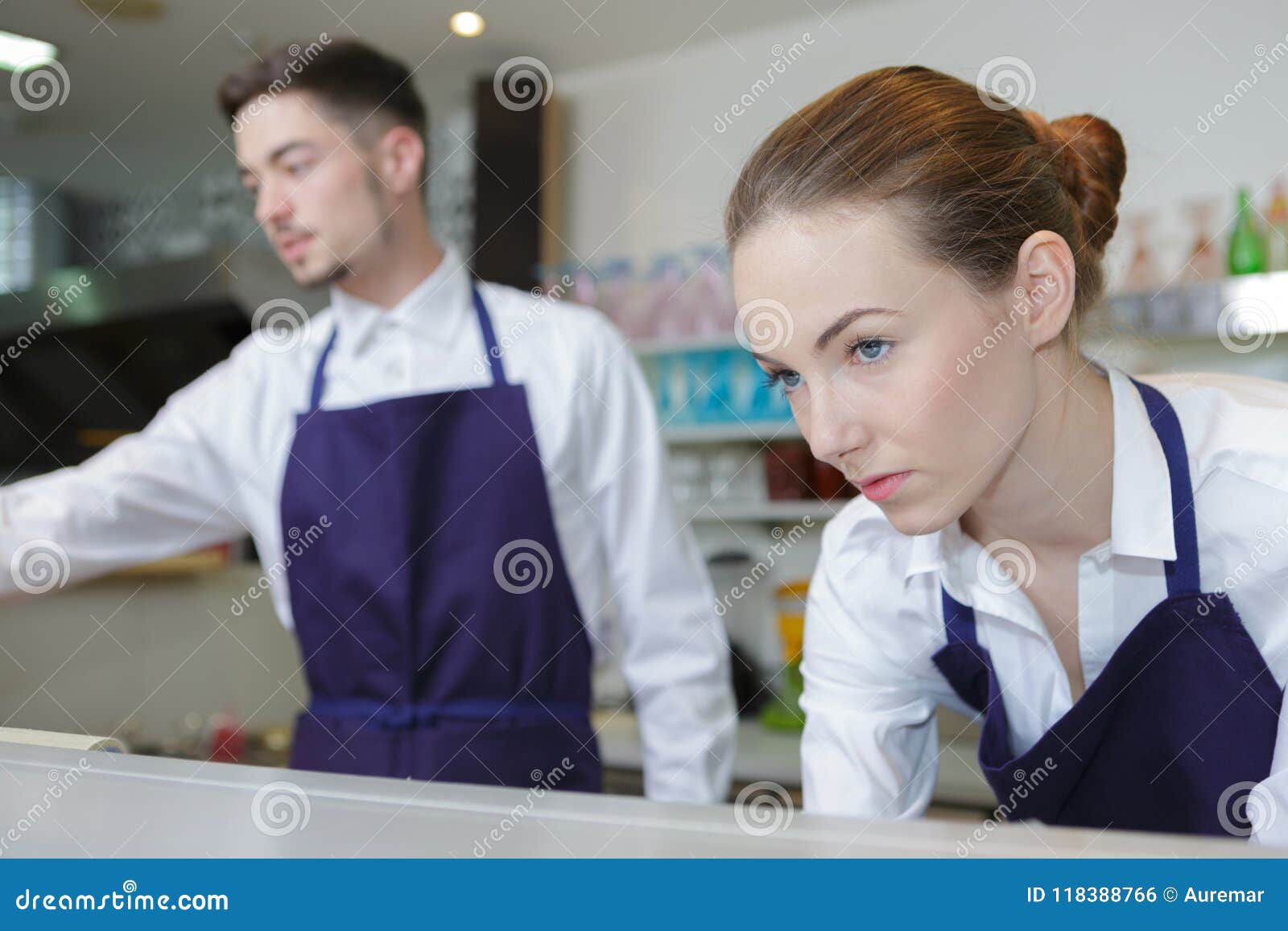Waitress and Waiter Working in Cafe Stock Photo - Image of smile ...
