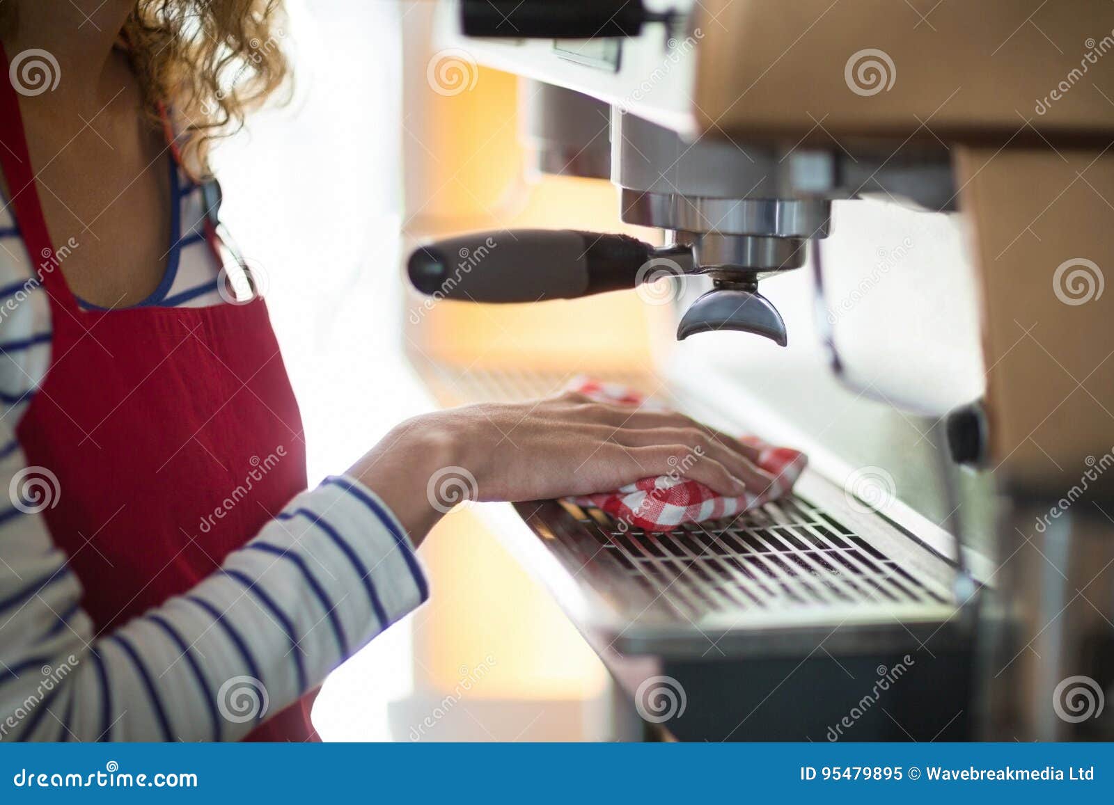 Waitress Wiping Espresso Machine with Napkin in CafÃ© Stock Image ...