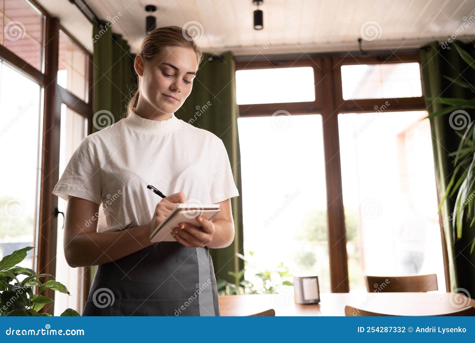 Waitress Writing an Order into a Notebook Working at Cafe. Stock Photo ...