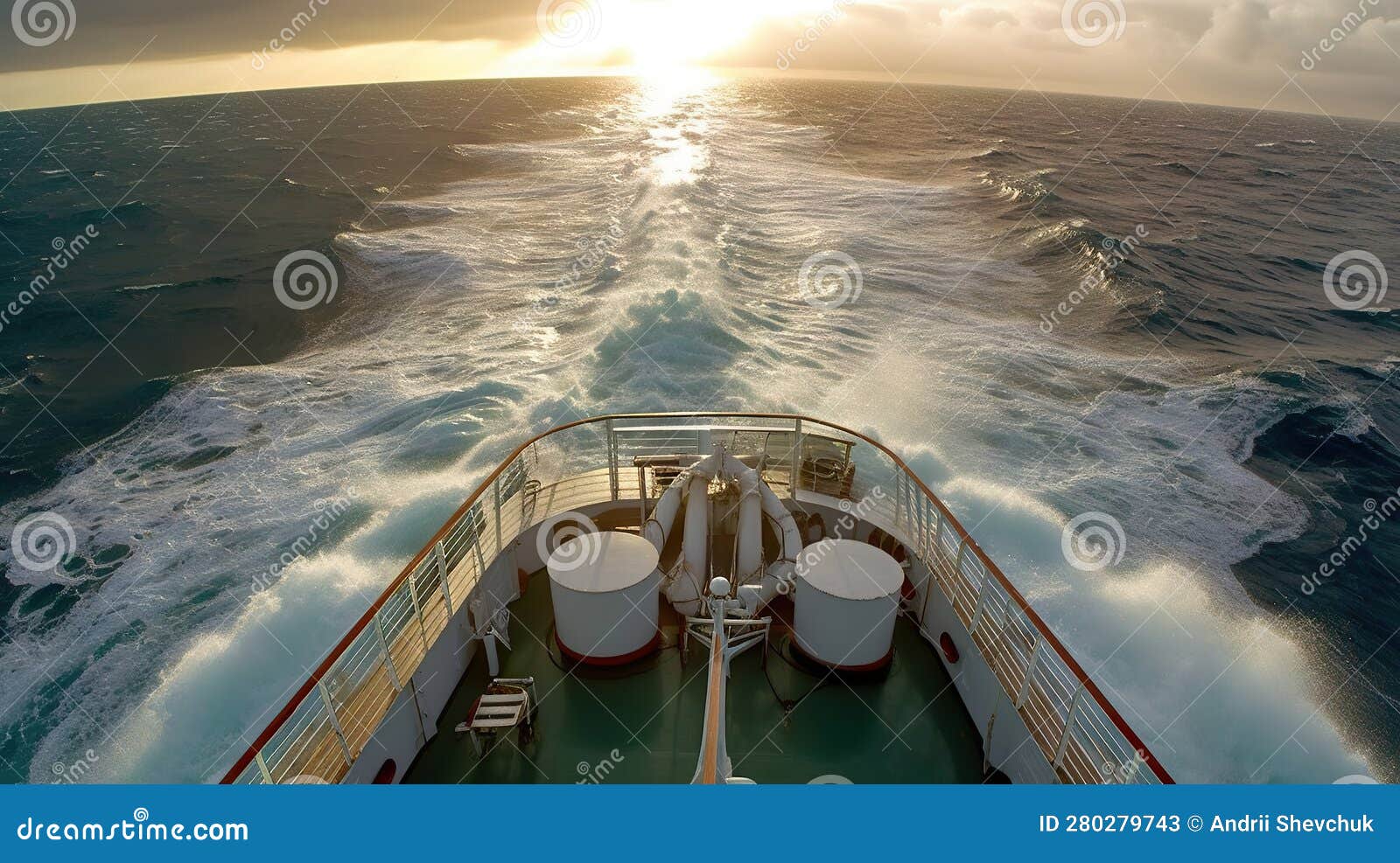 The Wake of a Cruise Ship in the Open Sea at Sunset. Generative AI ...