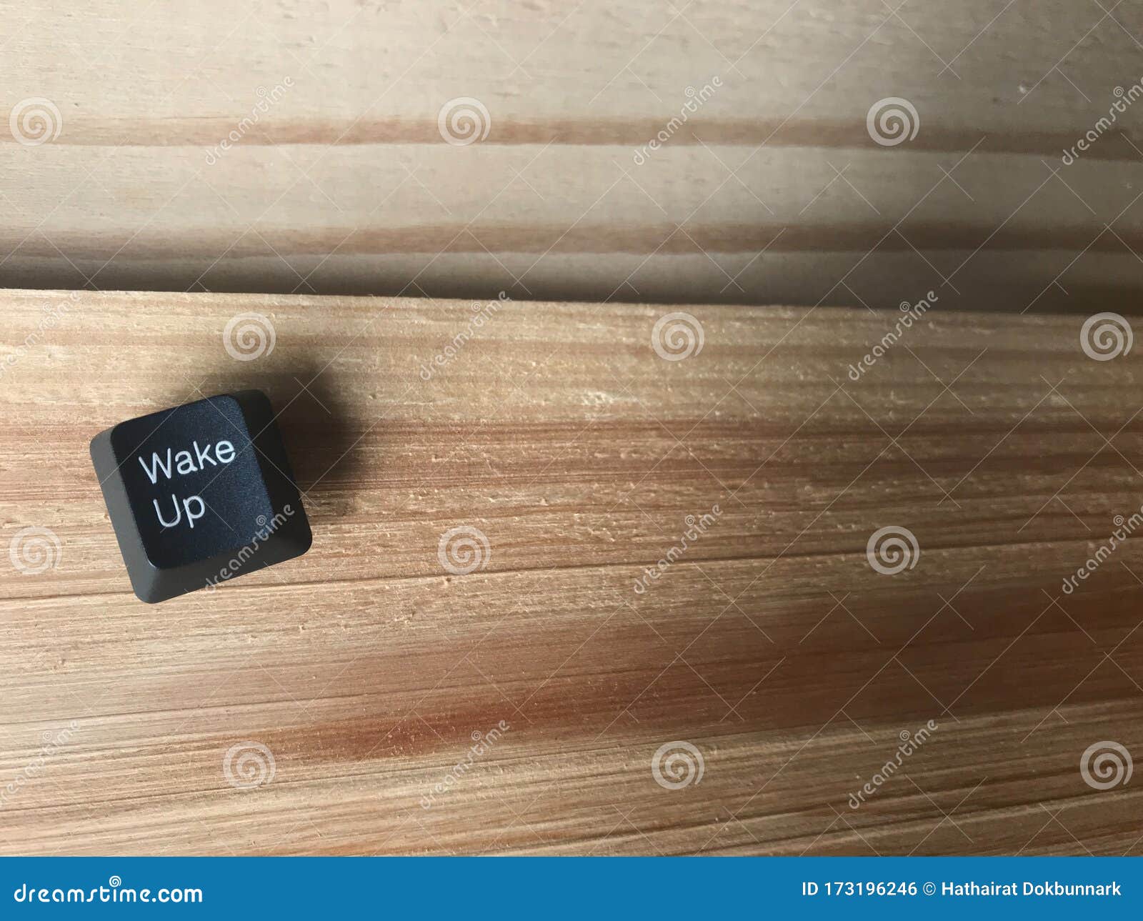Wake Up Black Button from Computer Keyboard Put on Natural Rubber Wood ...