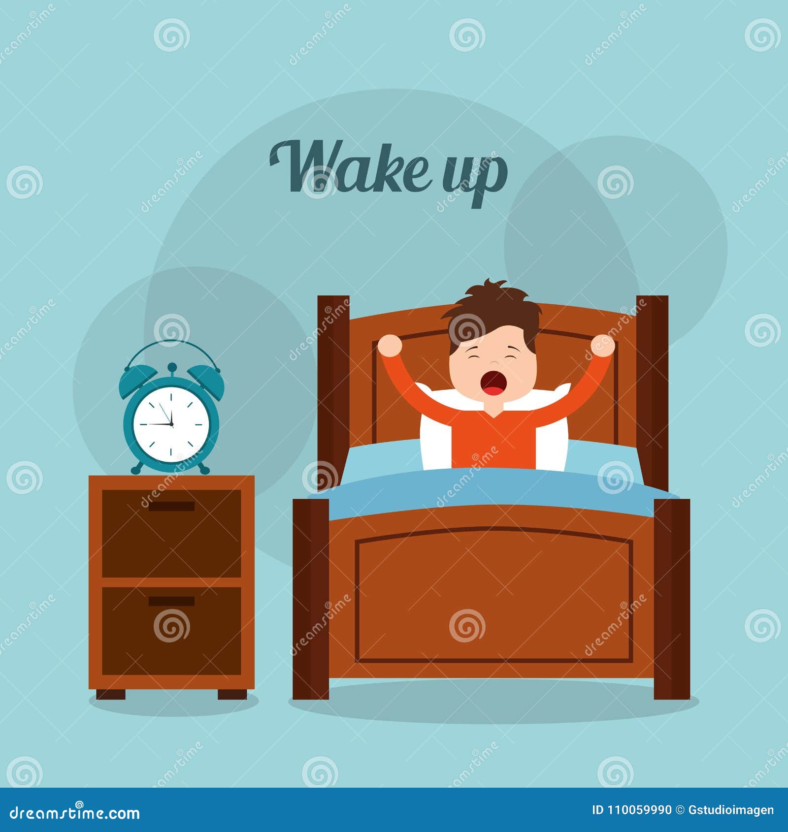 Wake Up Boy in Bed Arms Stretch with Clock on Table Stock Vector ...