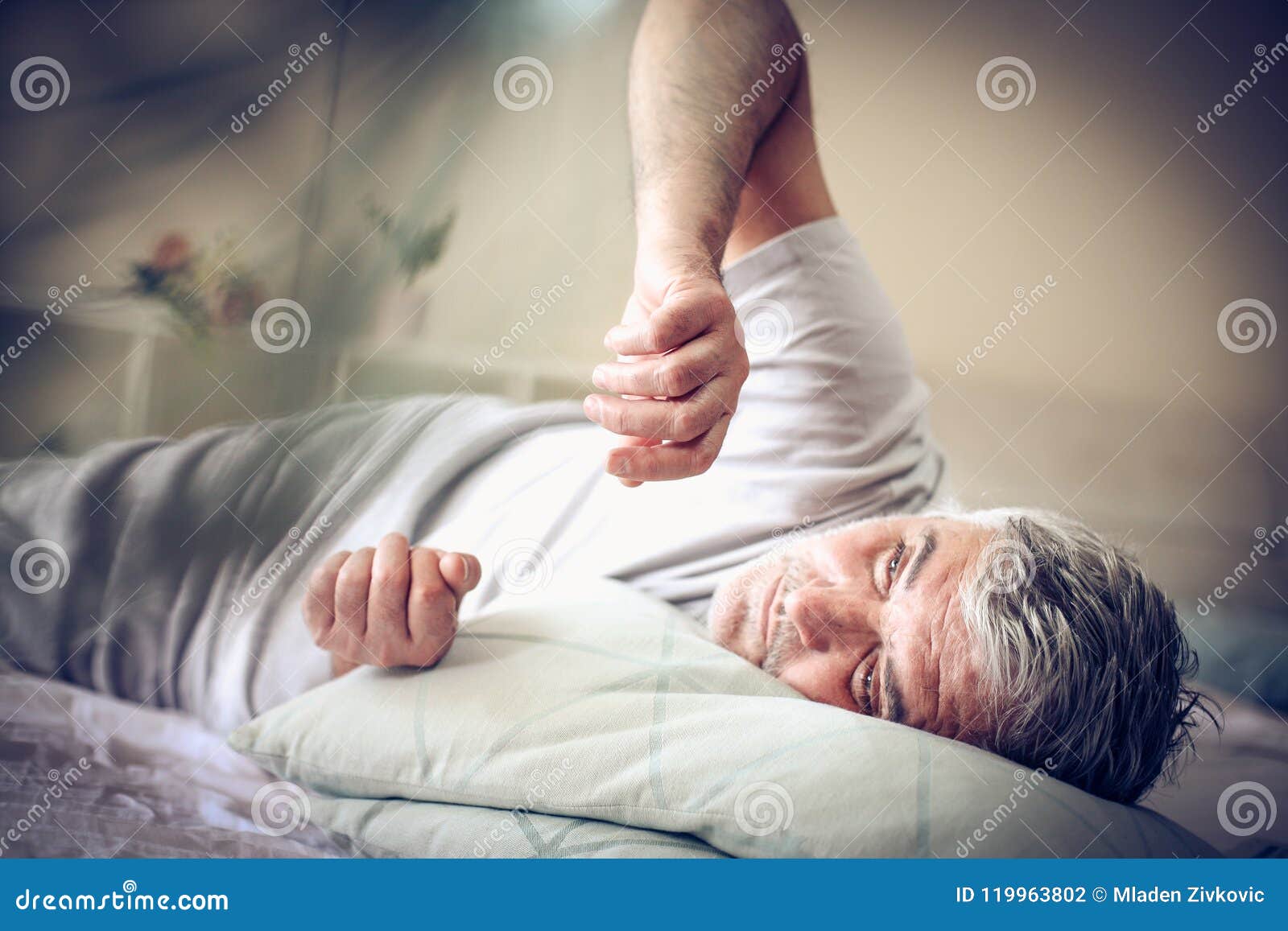 Wake up. Man in bed. stock photo. Image of 5069, adult - 119963802