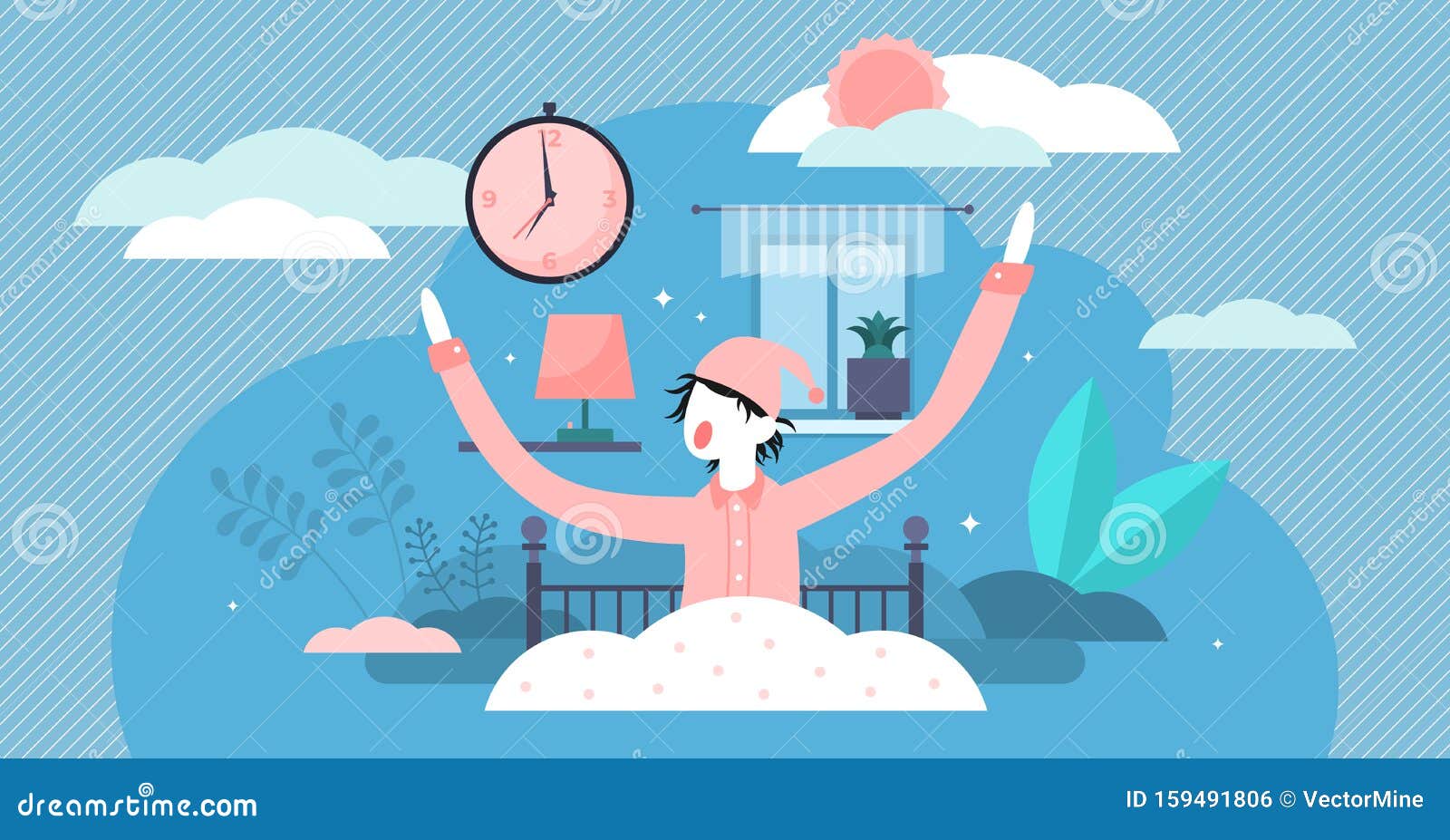 Waking Up Vector Illustration. Flat Tiny Morning Beginning Persons ...