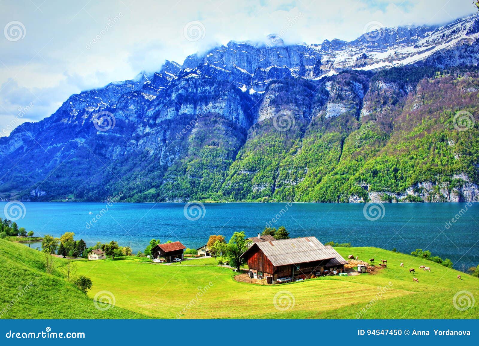Walensee Seeufer-Bauernhofansicht Die Schweiz Stockfoto - Bild von ...