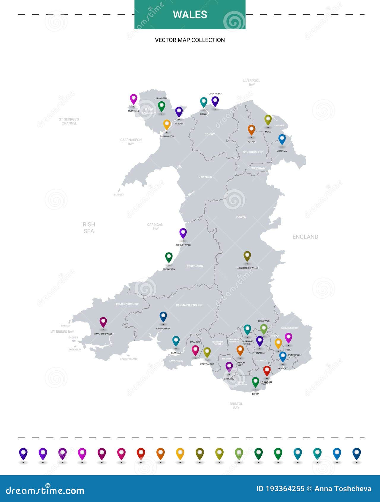Wales Map with Location Pointer Marks. Stock Vector - Illustration of ...