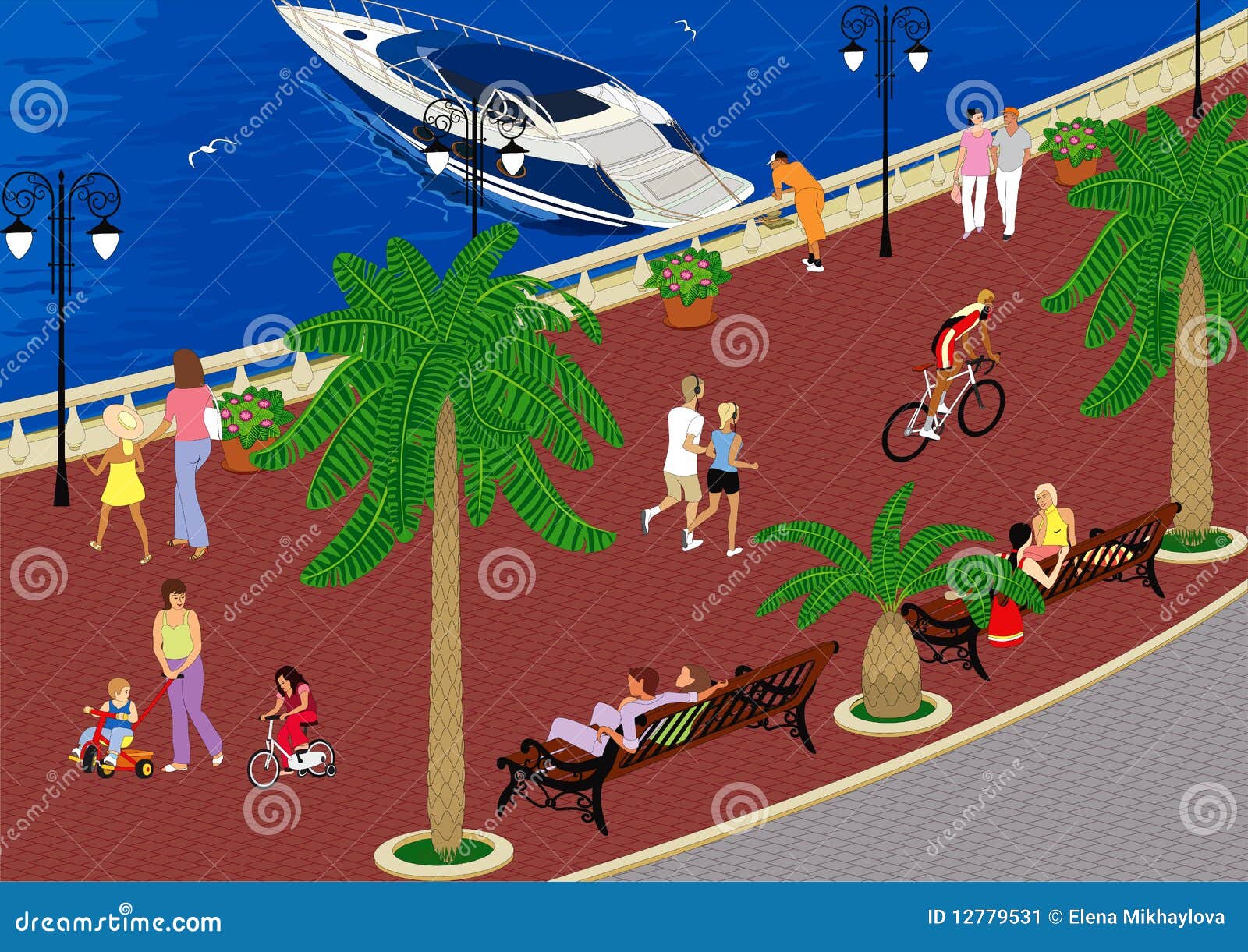 Walk along the promenade stock vector. Illustration of boat - 12779531
