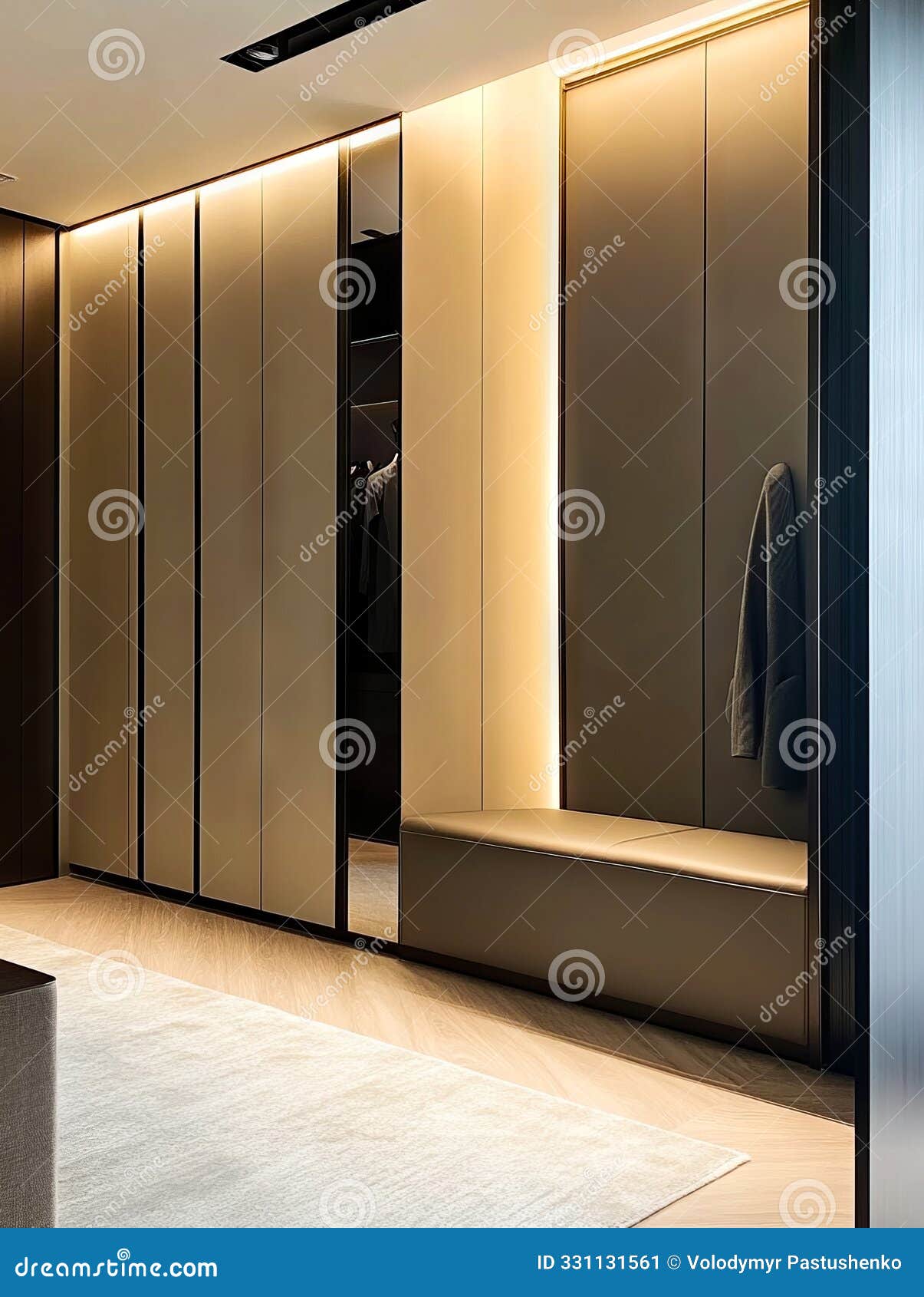 A Walk in Closet with a Bench in the Middle of it Stock Image - Image ...