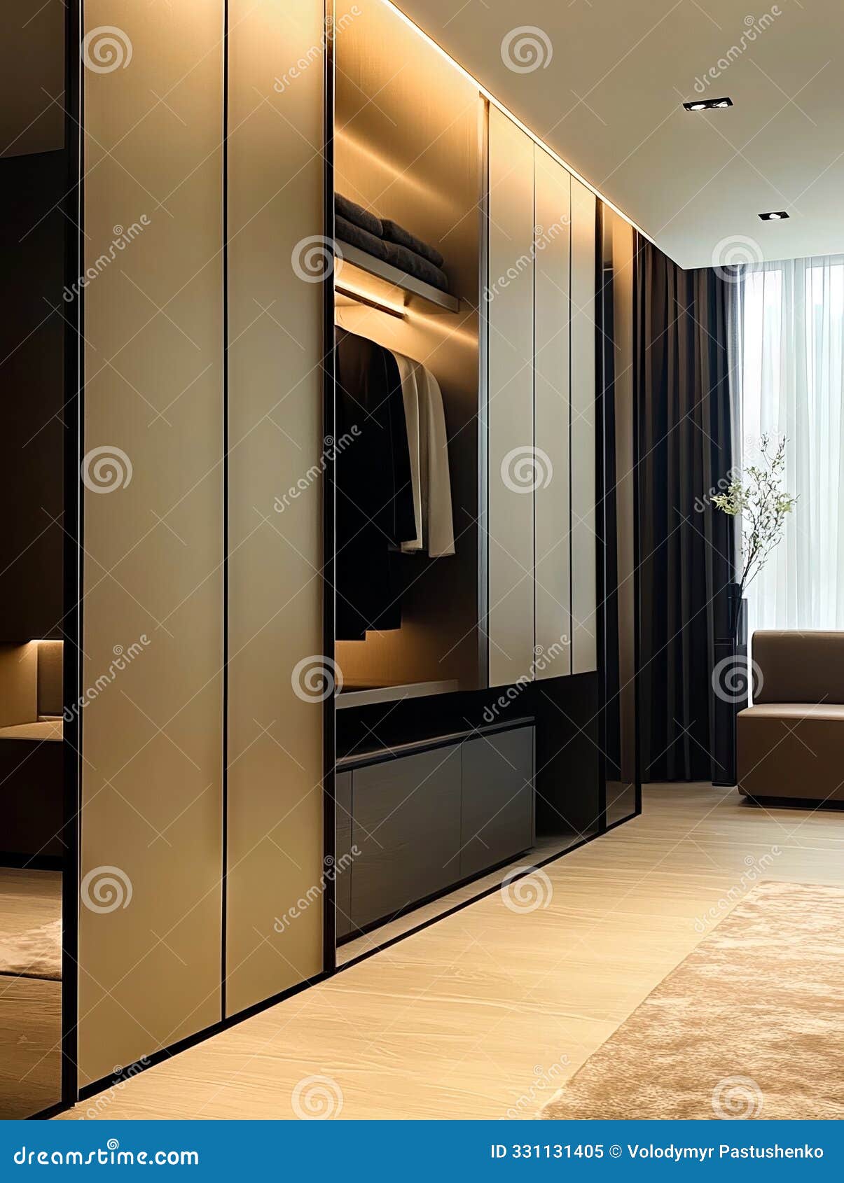 A Walk in Closet with a Couch and a Chair in it Stock Image - Image of ...