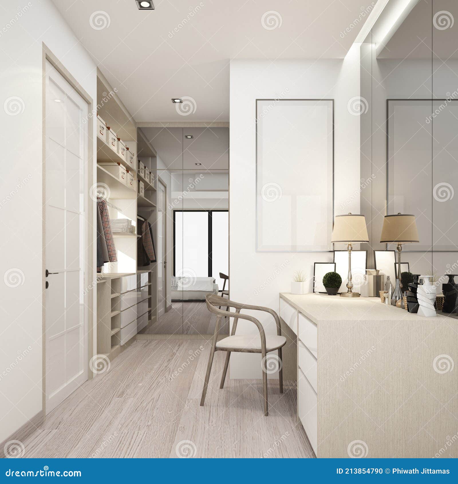 Walk-in Closet Wood and White Texture with Dressing Table Stock ...