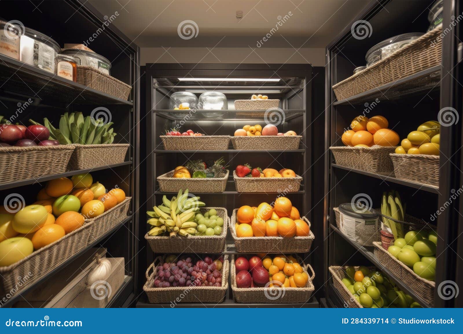 Walk-in Refrigerator with a Variety of Fruits and Vegetables in Baskets ...