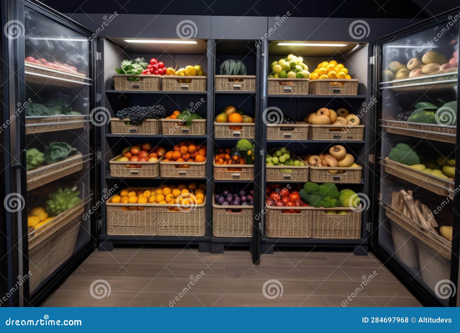 Walk-in Refrigerator with a Variety of Fruits and Vegetables in Baskets ...