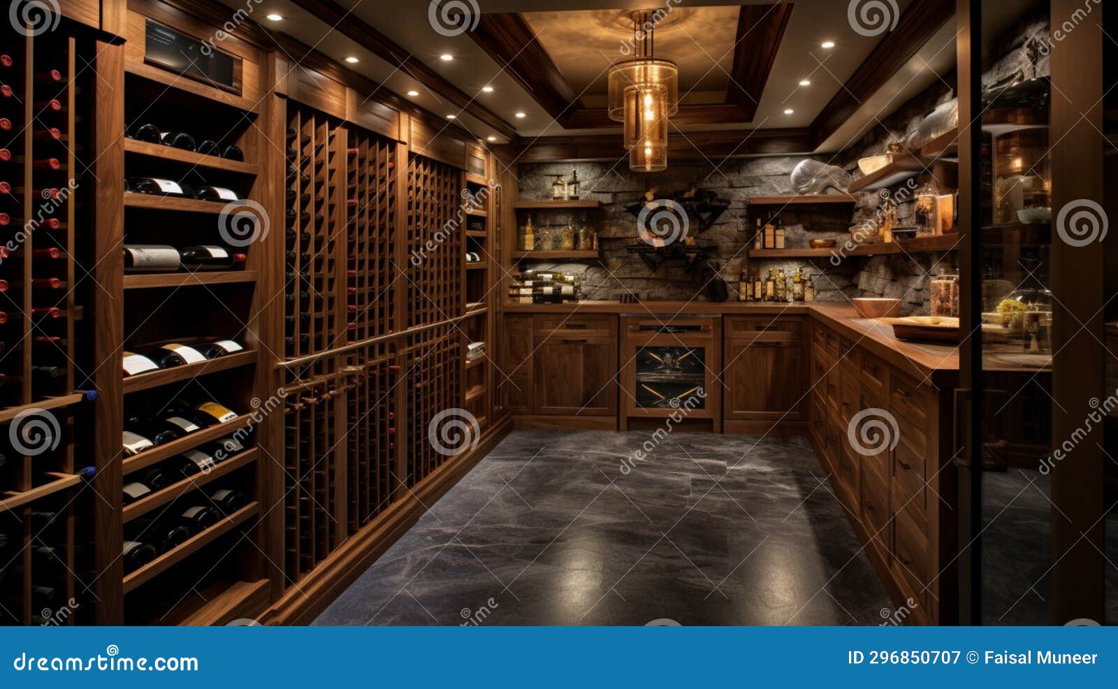 A Walk-in Wine Cellar with Wine Racks and Dimmed Lighting Stock ...