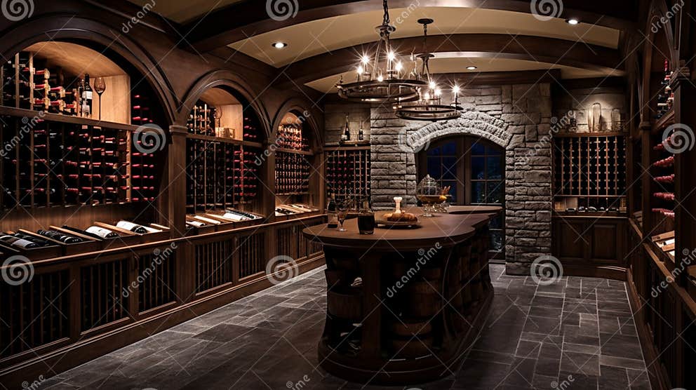 A Walk-in Wine Cellar with Wine Racks and Dimmed Lighting Stock ...