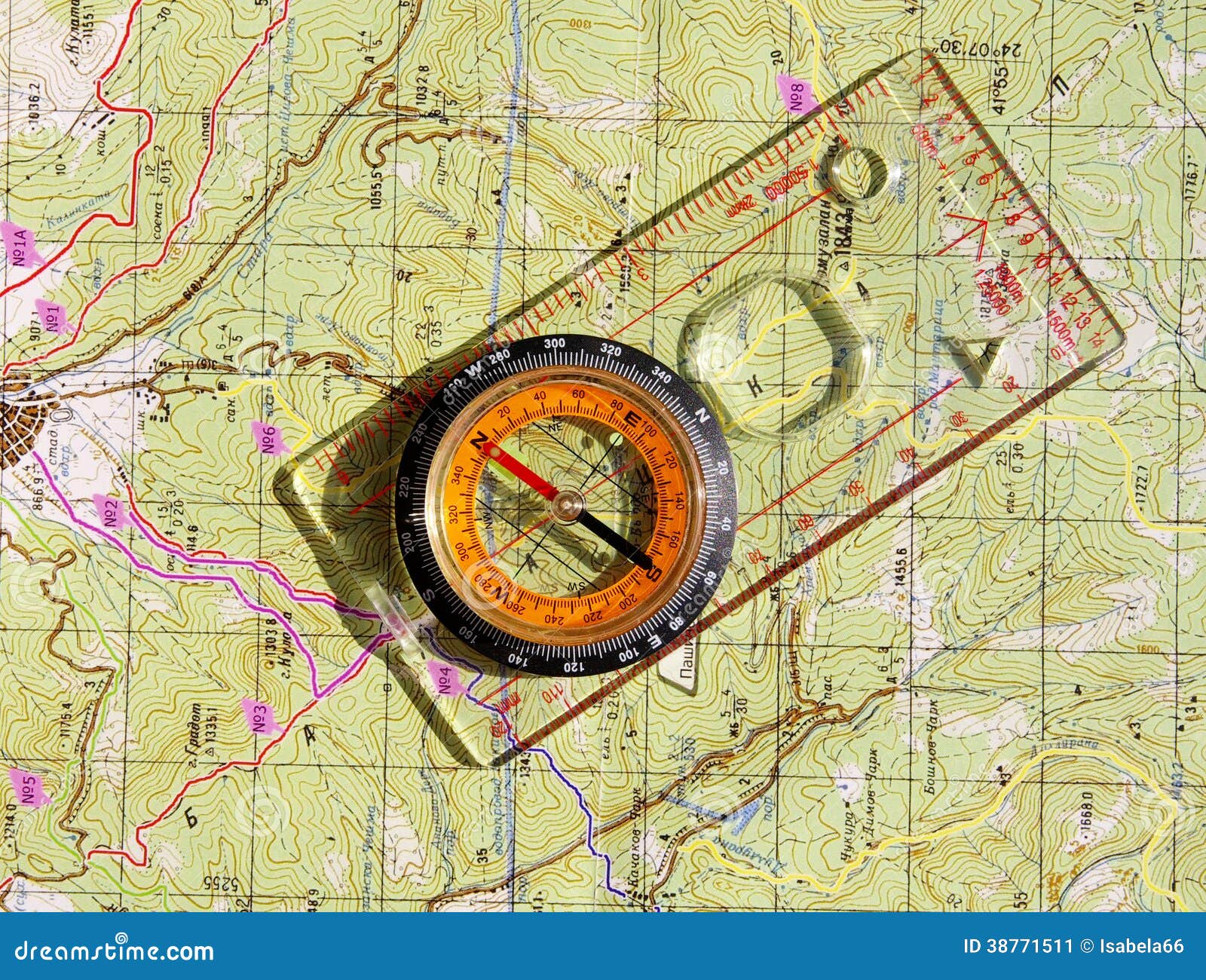 Walkers Compass and on a Topo Map Stock Image - Image of camping, lost ...