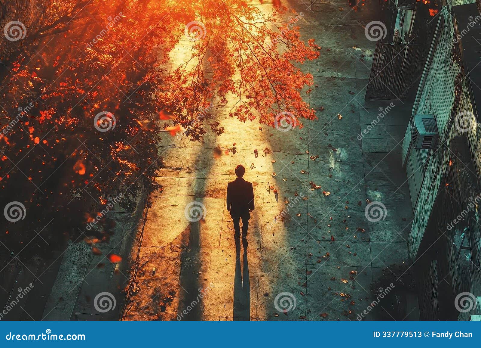 Walking Alone through Autumn Leaves with Sunlight Stock Illustration ...