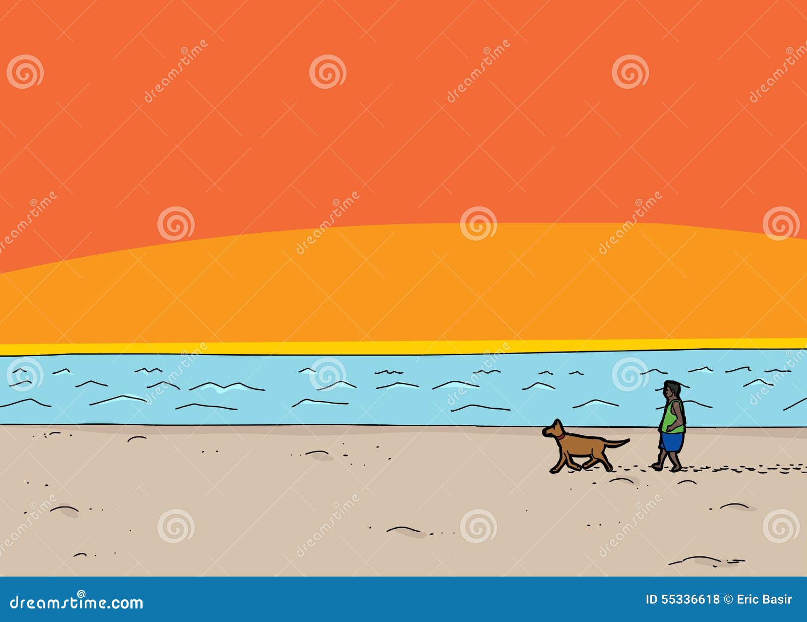 Walking Dog at Beach Sunset Stock Illustration - Illustration of sunset ...