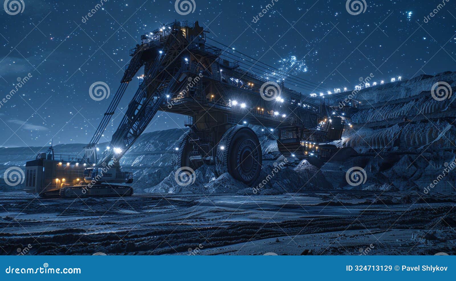 Walking Excavator Operates at Night Near Piles Row in Mining Pit Stock ...