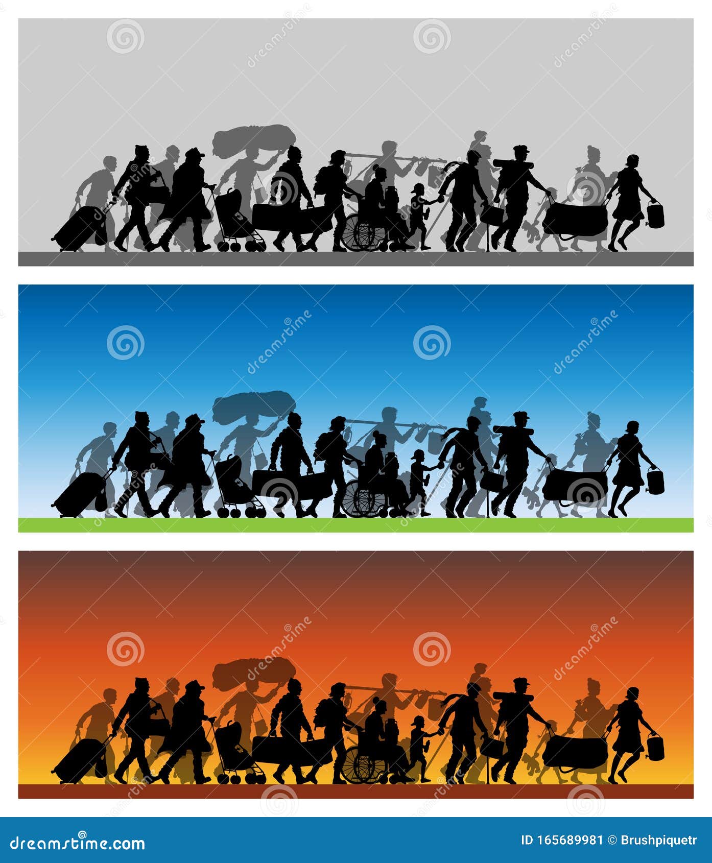 Walking Immigrants Silhouette In Front Of Brick Wall Cartoon Vector ...