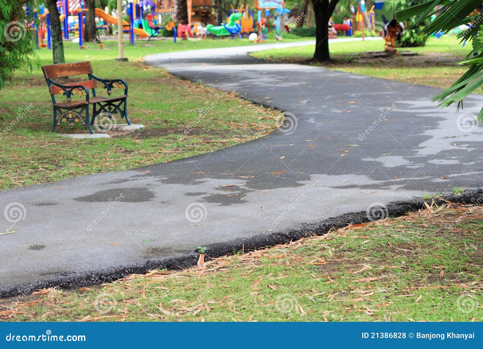 A Walking Path with a Bench in the Park Stock Photo - Image of garden ...