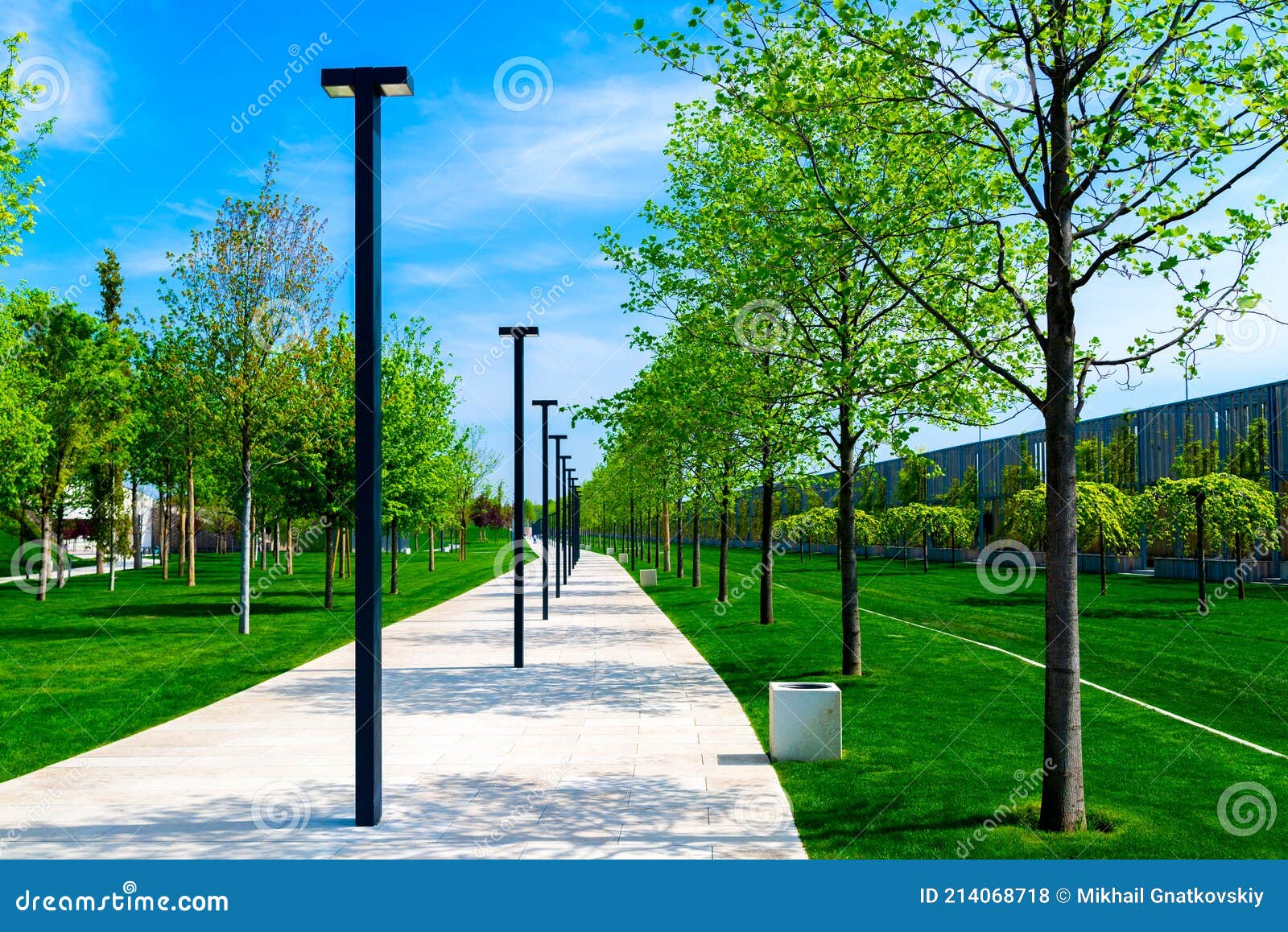 Walking Path in a City Park with Urban Lights or Lanterns Stock Photo ...