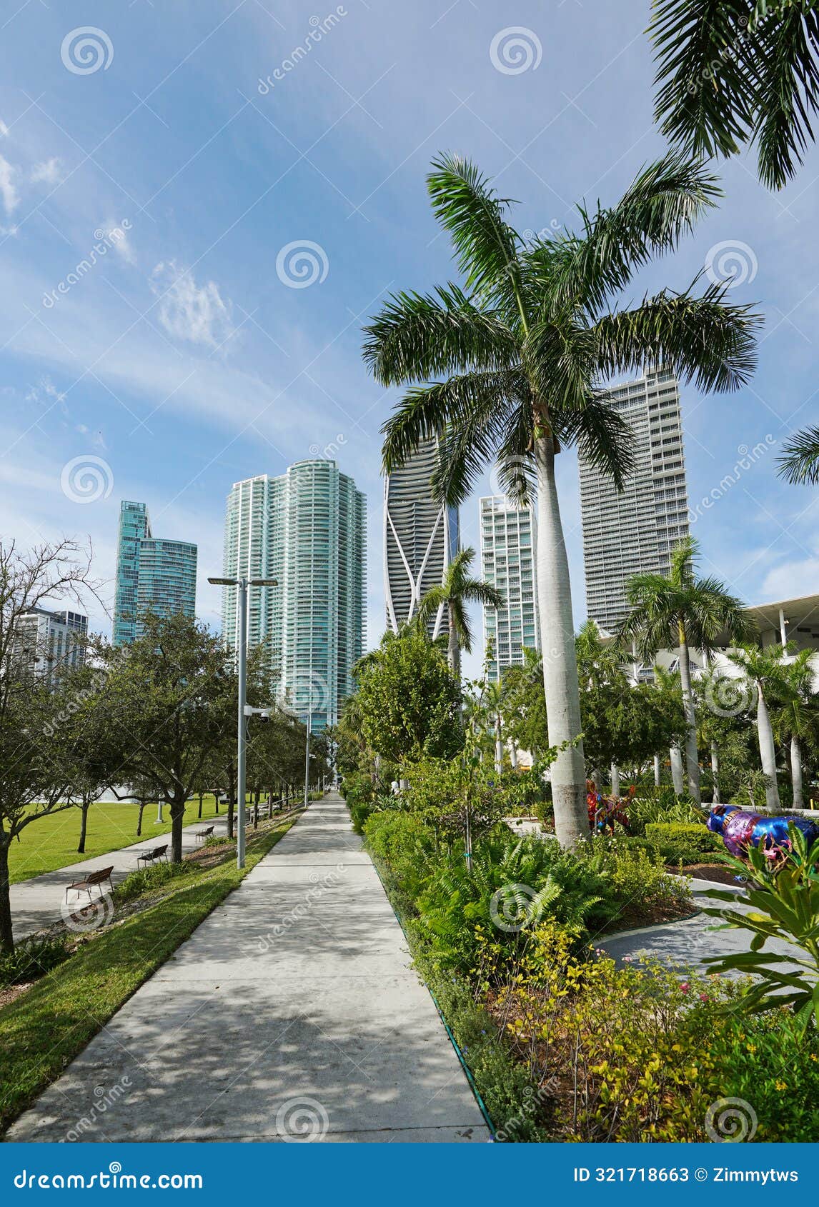 Walking Path in Ferre Park with the Downtown Miami Skyline in the ...