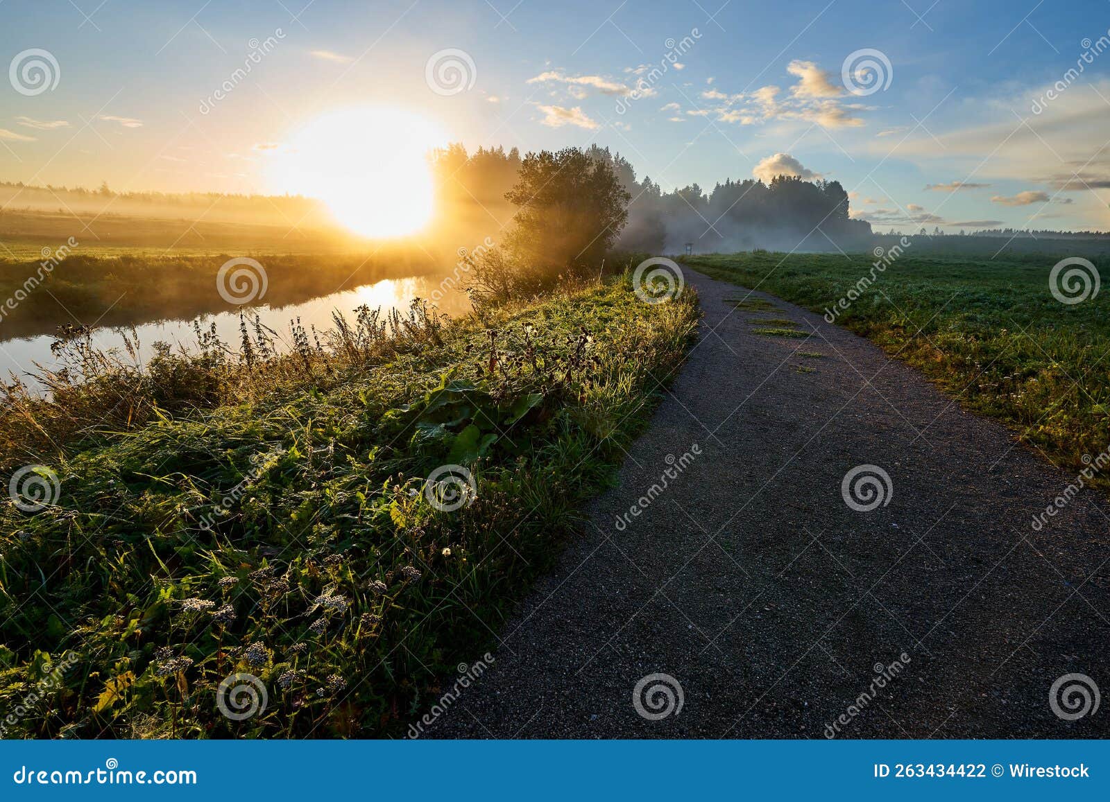 Walking Path between Fields by a River during a Golden Hour Stock Photo ...