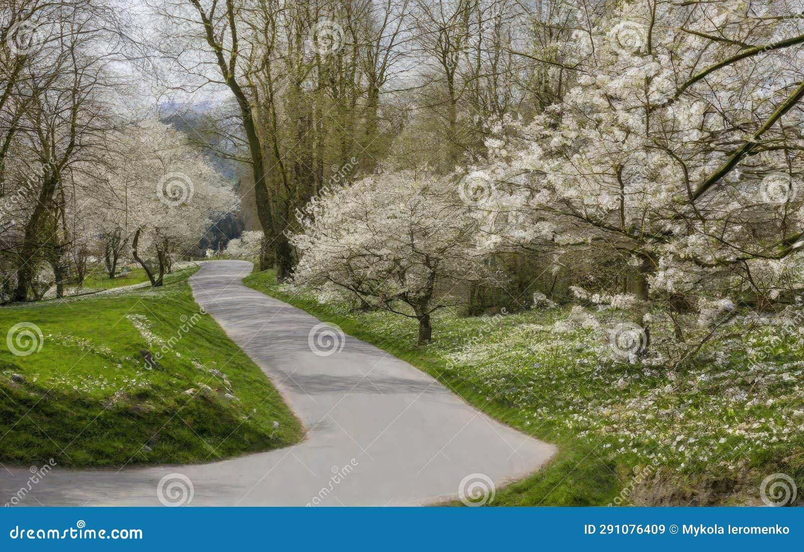 A Walking Path that Goes through Flowering Trees Stock Illustration ...