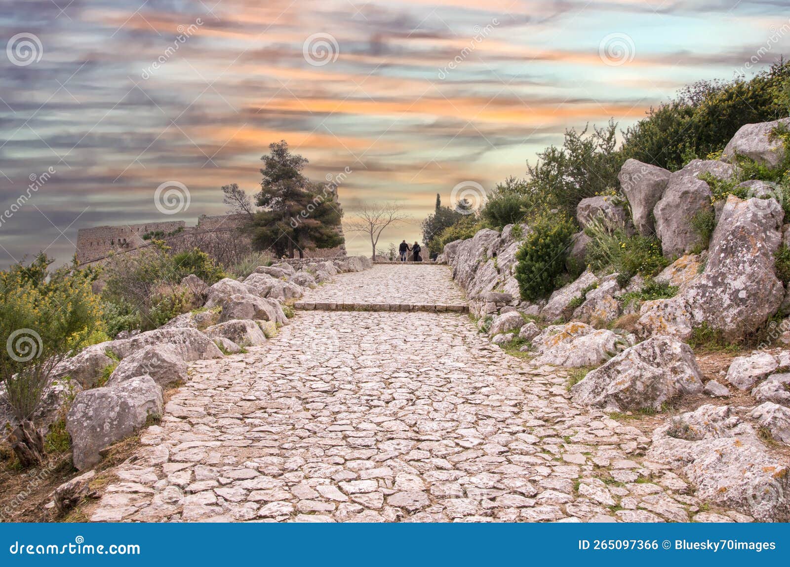 Walking on Stone Path at Sunset .Greece Stock Photo - Image of castle ...