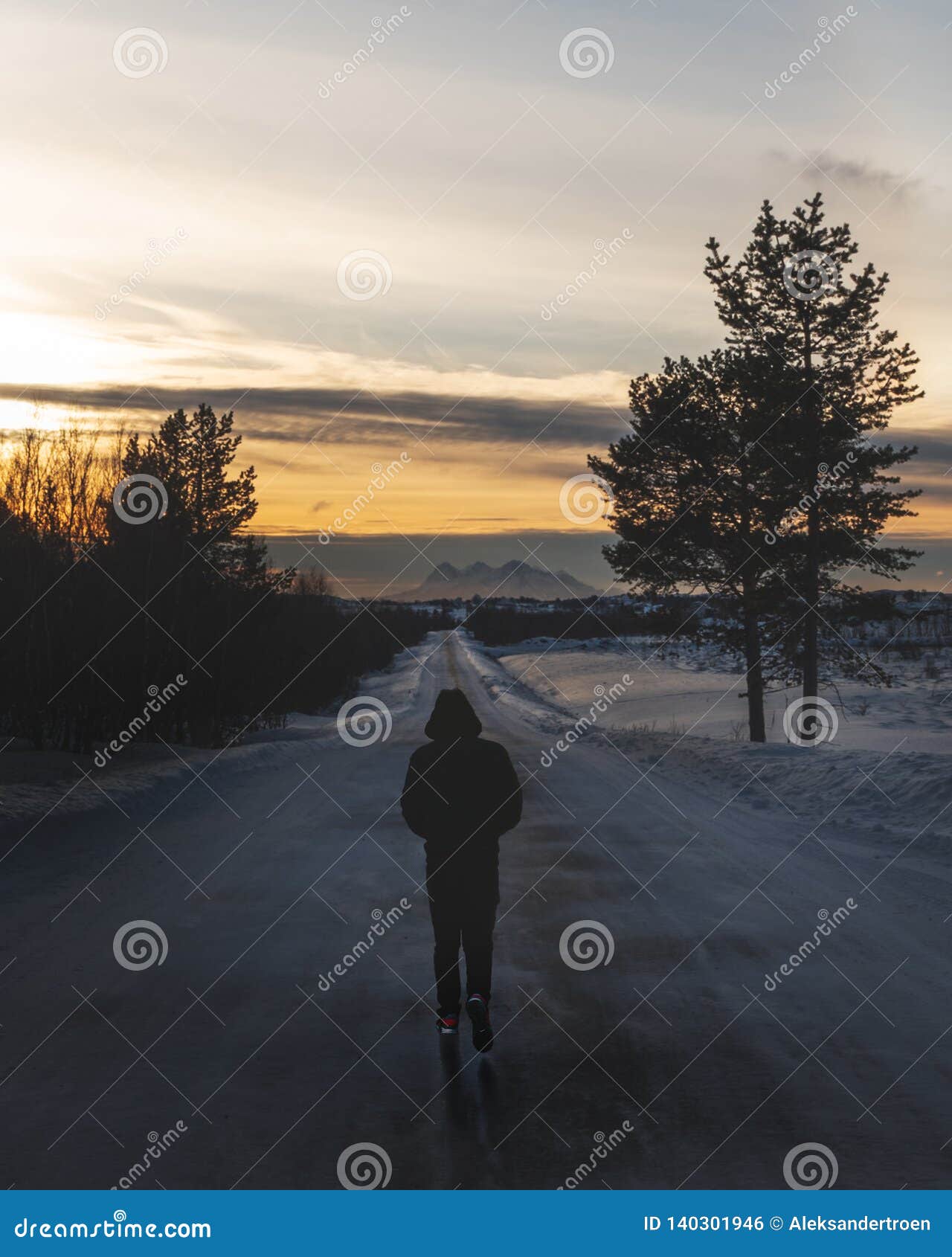 Walking into winter sunset stock photo. Image of clouds - 140301946