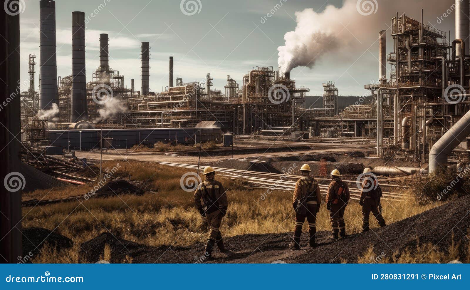 Walking Workers in Work Clothes in a Refinery with Pipes and Machinery ...