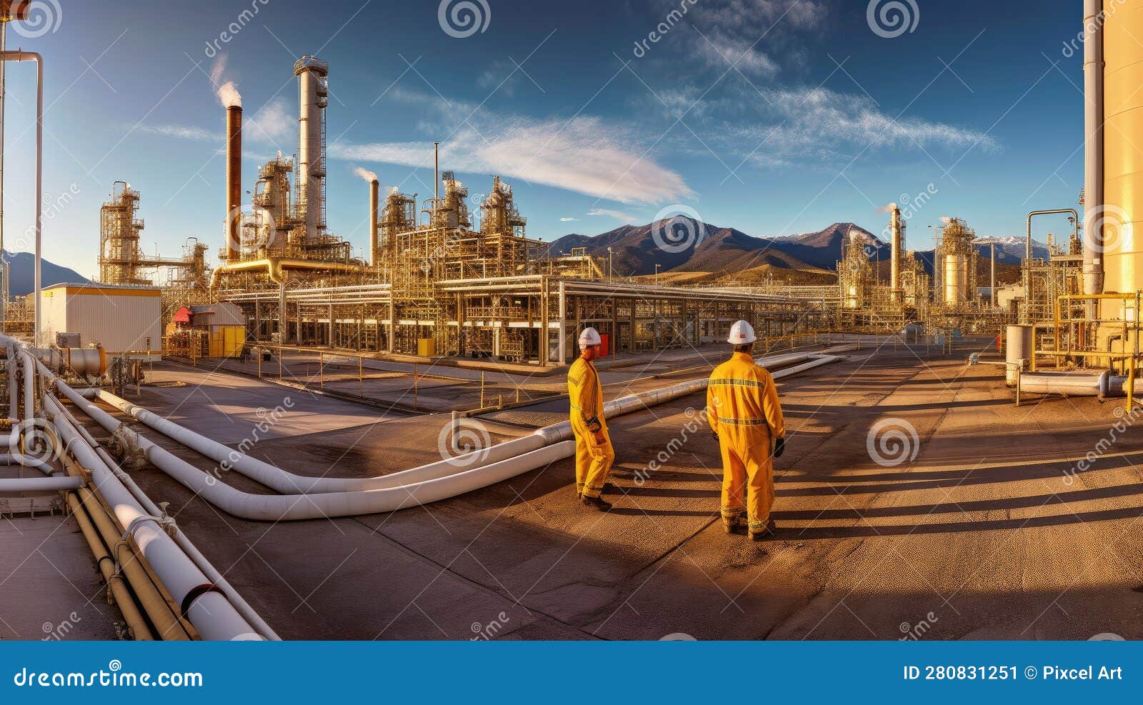 Walking Workers in Work Clothes in a Refinery with Pipes and Machinery ...